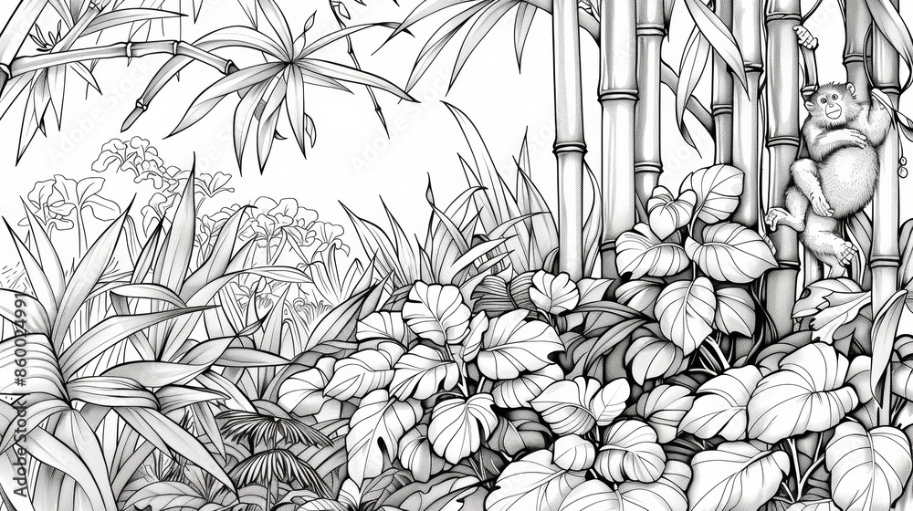 A coloring page featuring a dense thicket of bamboo in the jungle, with ...