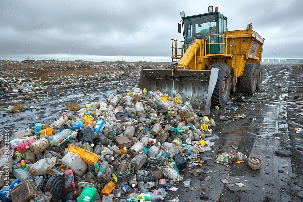 Yellow Dump Truck Moving Plastic Waste in a Landfill Stock Photo ...