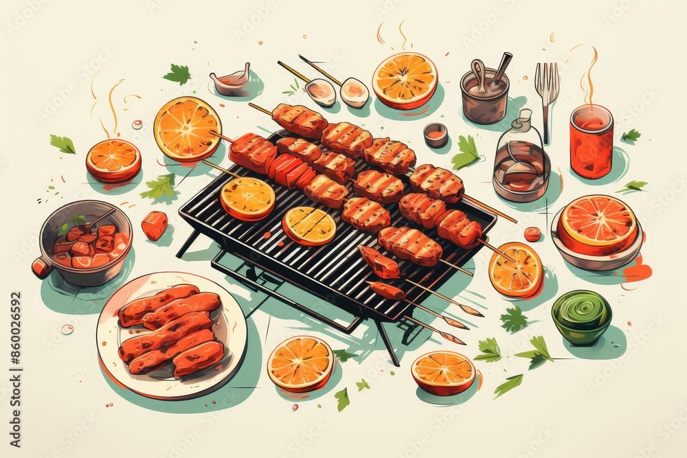 barbecue party flat design top view summer cookout cartoon drawing ...