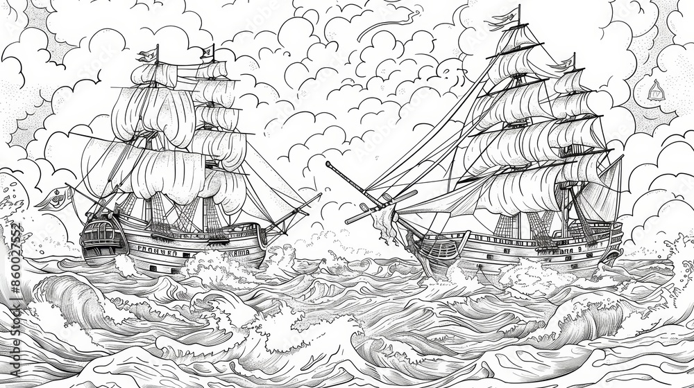 A thrilling coloring page of a pirate battle at sea, with two pirate ...
