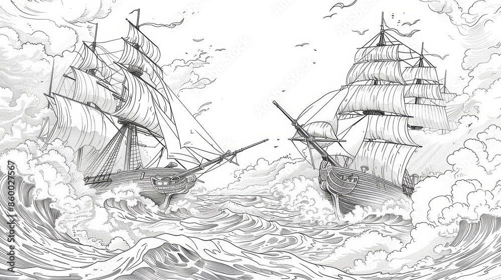A thrilling coloring page of a pirate battle at sea, with two pirate ...