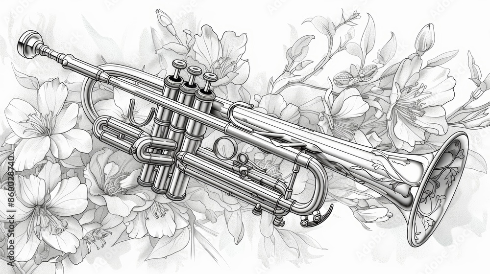 An imaginative coloring design of a trumpet, with floral elements and ...