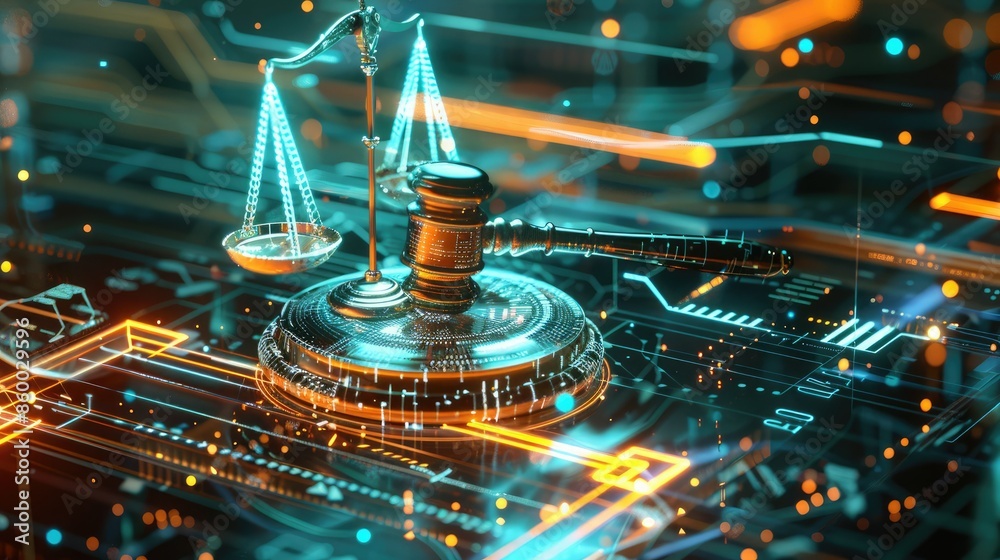 Digital gavel and scales of justice representing AI legal technology ...
