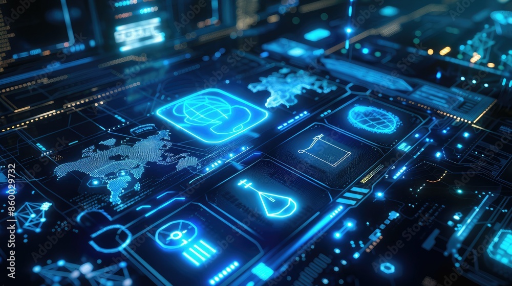 Futuristic digital interface with holographic elements, world map, and scientific icons in blue ...