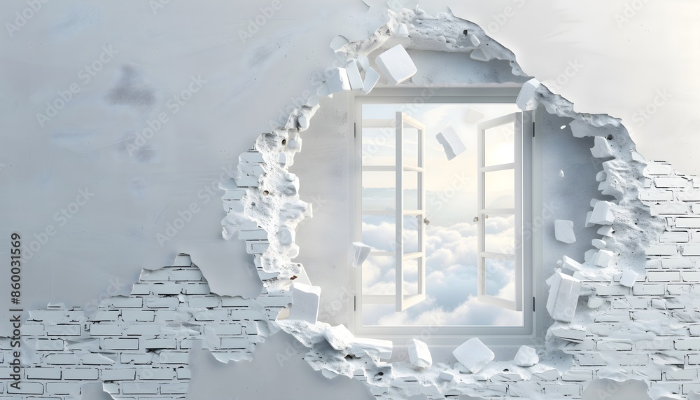 3D hole in the wall with window and light, old building, cracked walls ...