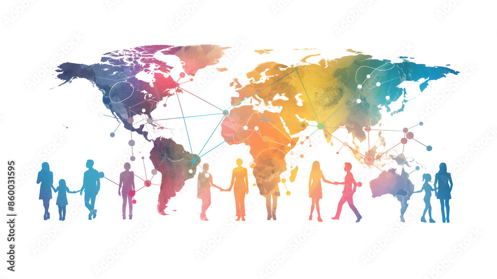 Colorful world map illustration with connected silhouettes of people ...