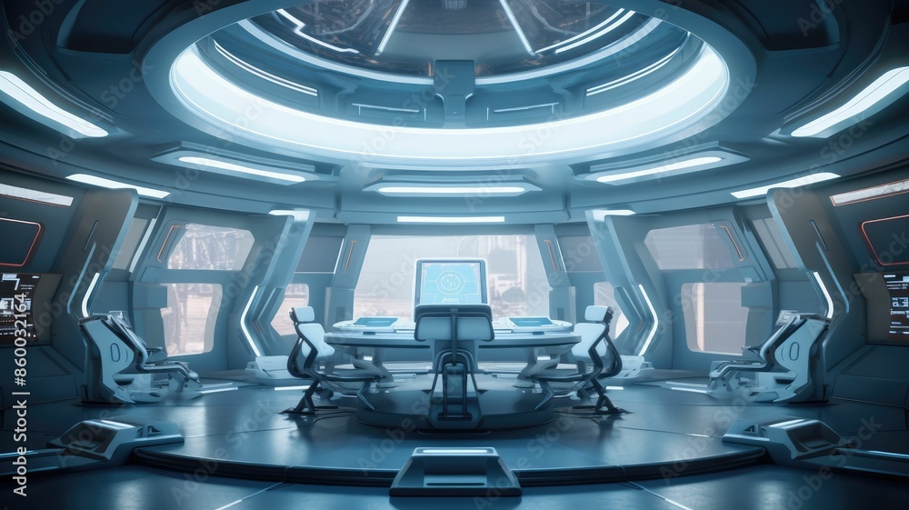 Futuristic spaceship interior with blue. Sci-fi control room concept ...