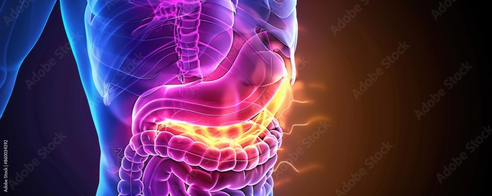 3D illustration of the human digestive system, highlighting the stomach ...