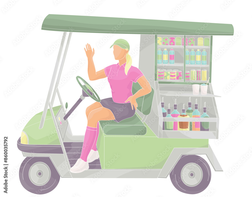 smiling golf club staff character female caddie driving a beverage golf ...