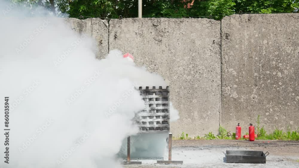 Firefighter in full gear operating fire extinguisher and creating large ...