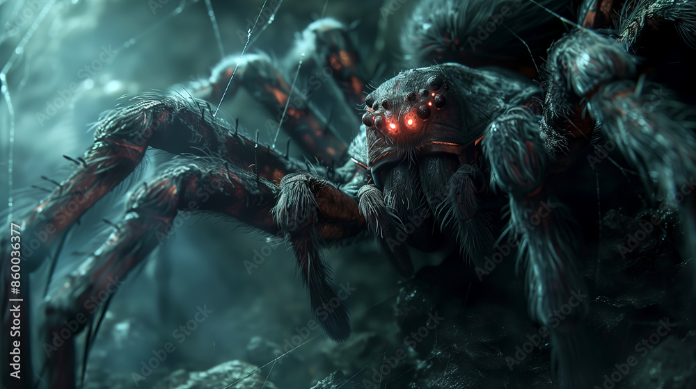 a massive spider with glowing red eyes, its hairy legs dripping with ...