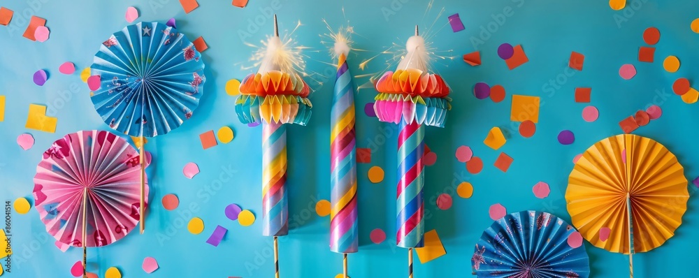 Colorful party sparklers and paper fans celebrating on a blue ...