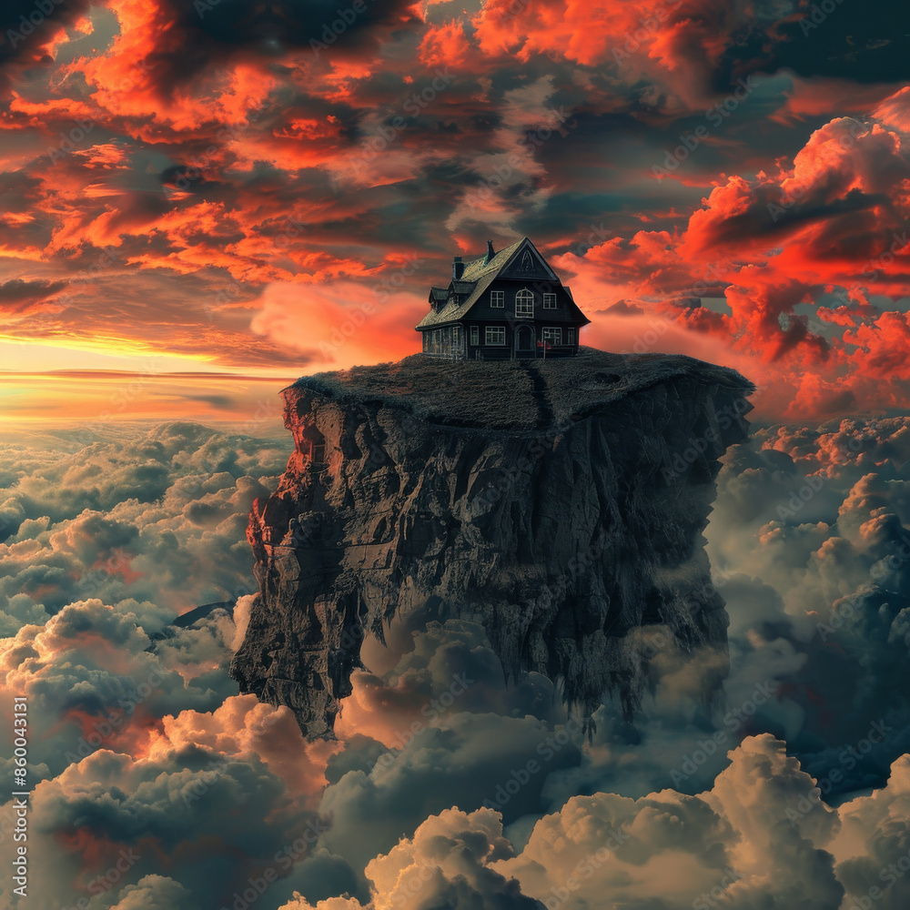 An old scary house like from horror movies on top of a sheer cliff. A ...