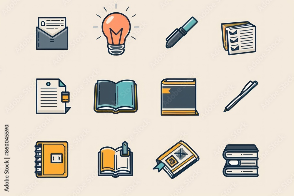 A diverse set of 2D icons representing education and learning ...