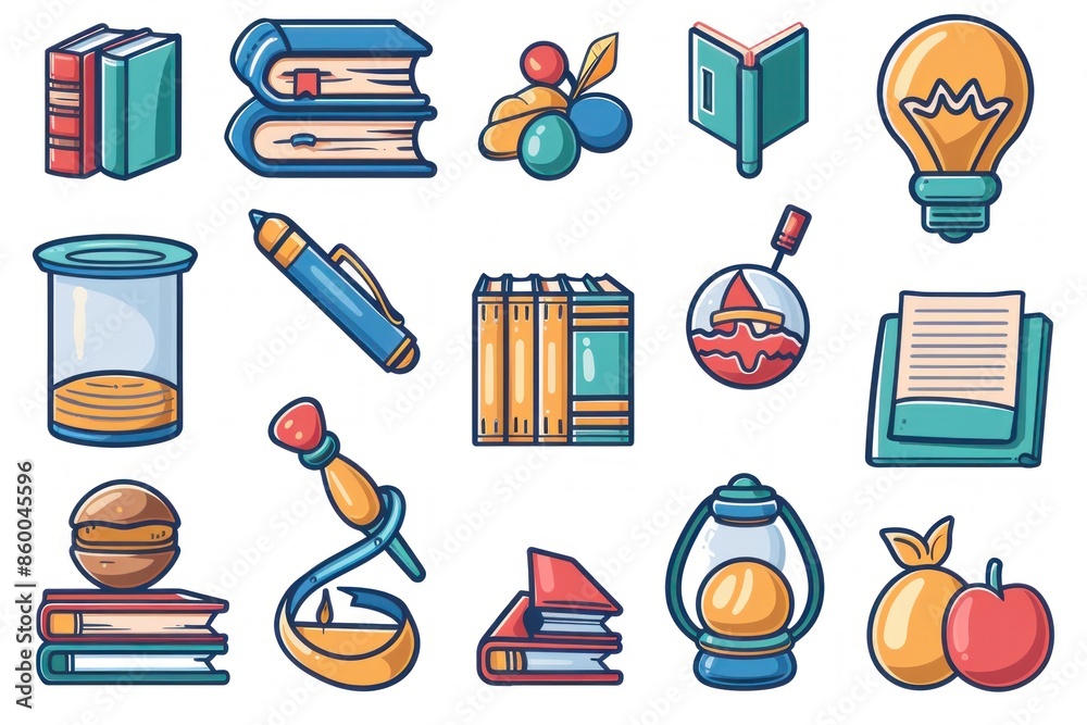 A diverse set of 2D icons representing education and learning ...
