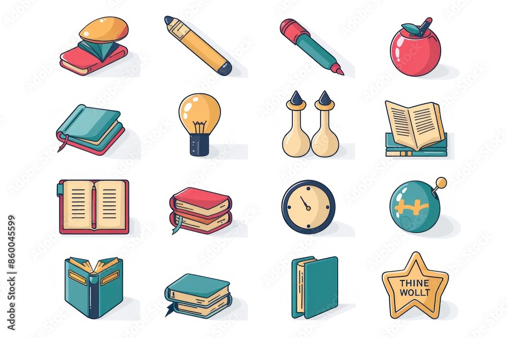 A diverse set of 2D icons representing education and learning ...