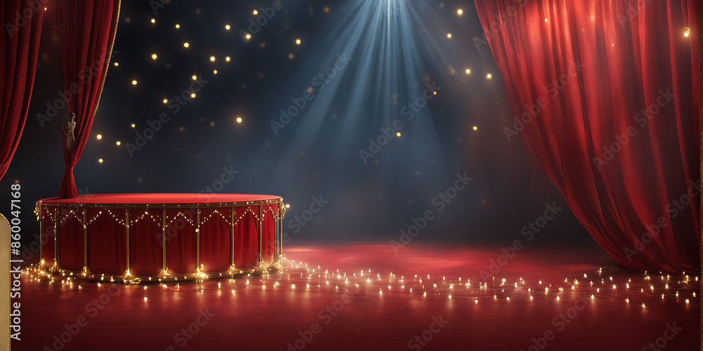 Circus stage podium background 3D carnival light red show curtain ...