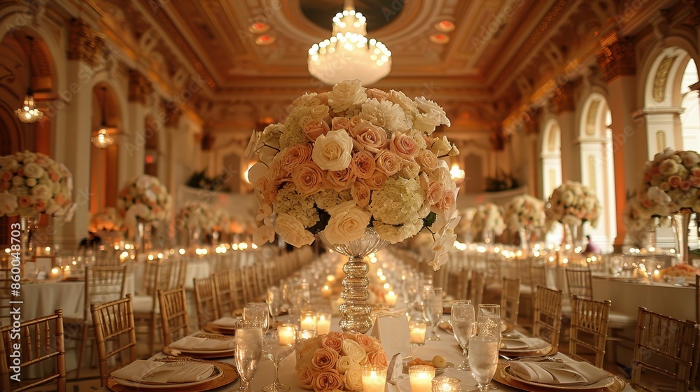 A majestic floral centerpiece graces the center of an opulent dining ...