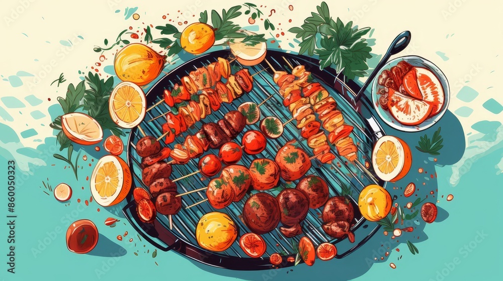 Festive BBQ flat design top view summer cookout theme cartoon drawing ...