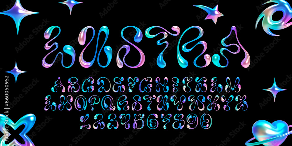3d holographic font in y2k style. Flowing liquid metal alloy letters ...