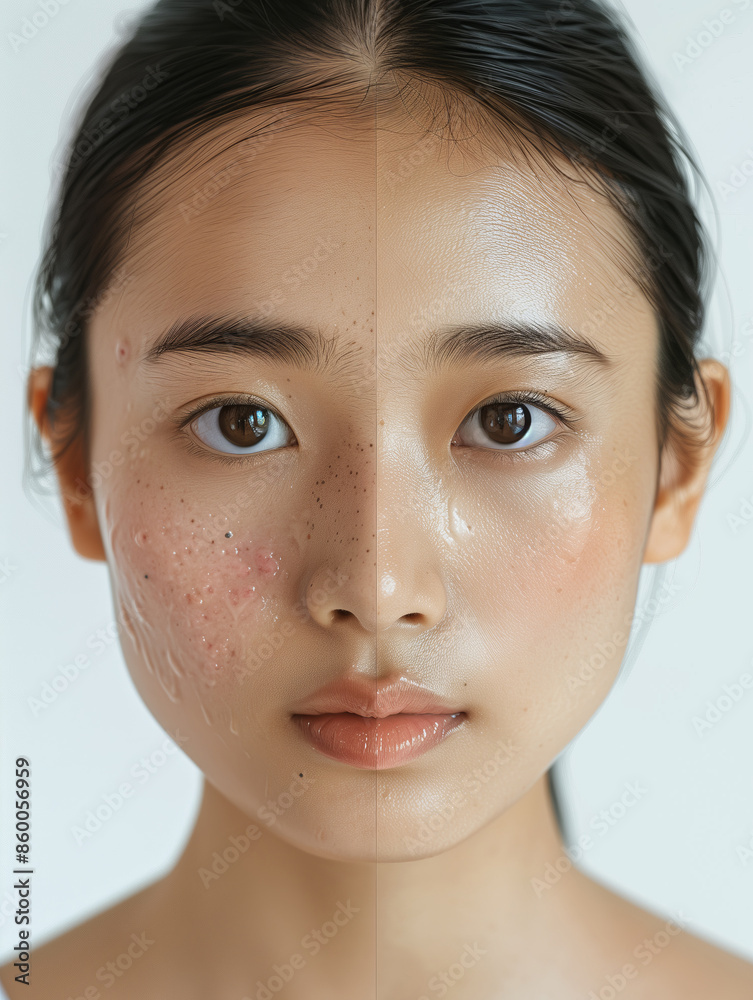 Pimples and acne on the woman`s face before and after. Cosmetics to ...