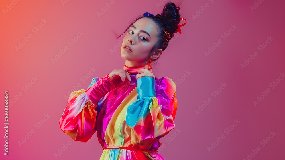 Fulllength portrait of young girl lady in unusual strange variegated ...