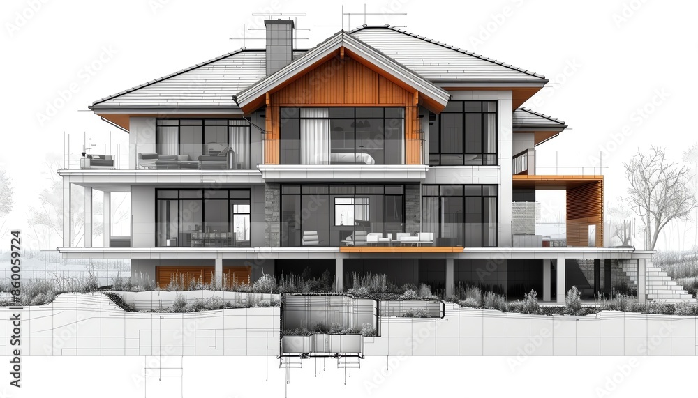 Modern architectural house blueprint showing detailed floor plan and ...