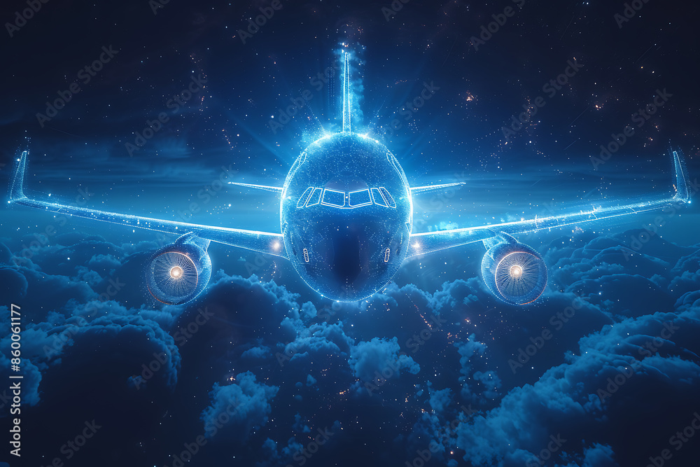 A silhouette logo of a modern airplane flying high, representing ...