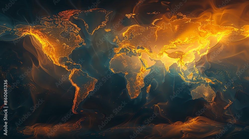 Abstract glowing world map in warm tones, depicting global connectivity ...