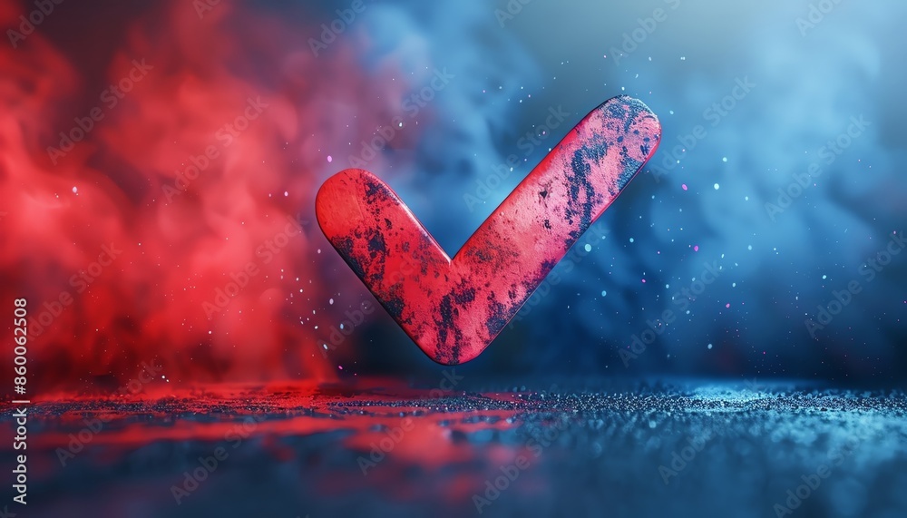 Abstract red and blue check mark in a foggy atmosphere, symbolizing ...