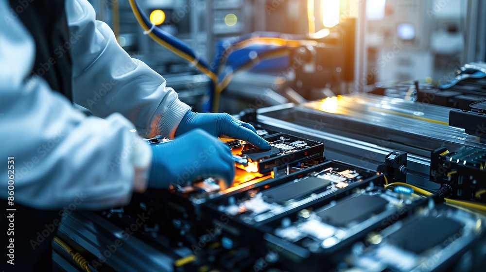 Engineers assemble lithium ion electrical modules in a modern factory ...