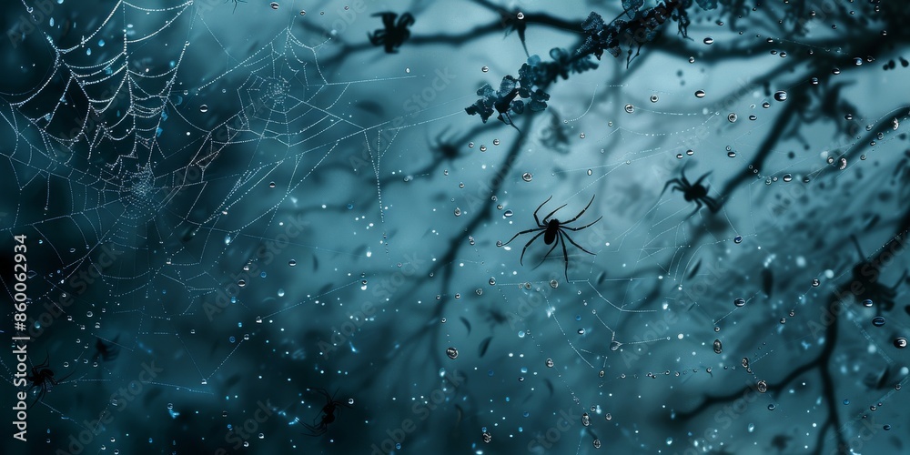 Creepy Cobweb Border with Black Widow Spiders and Dew Drops Stock ...