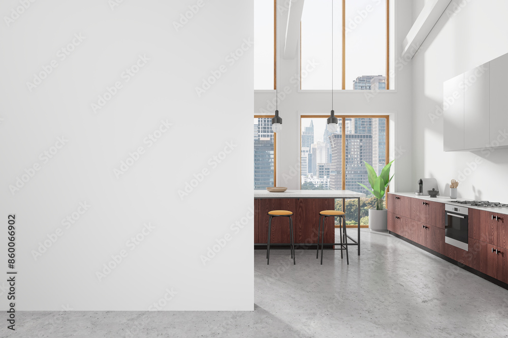 Modern kitchen with high windows, white wall on the left, bright ...