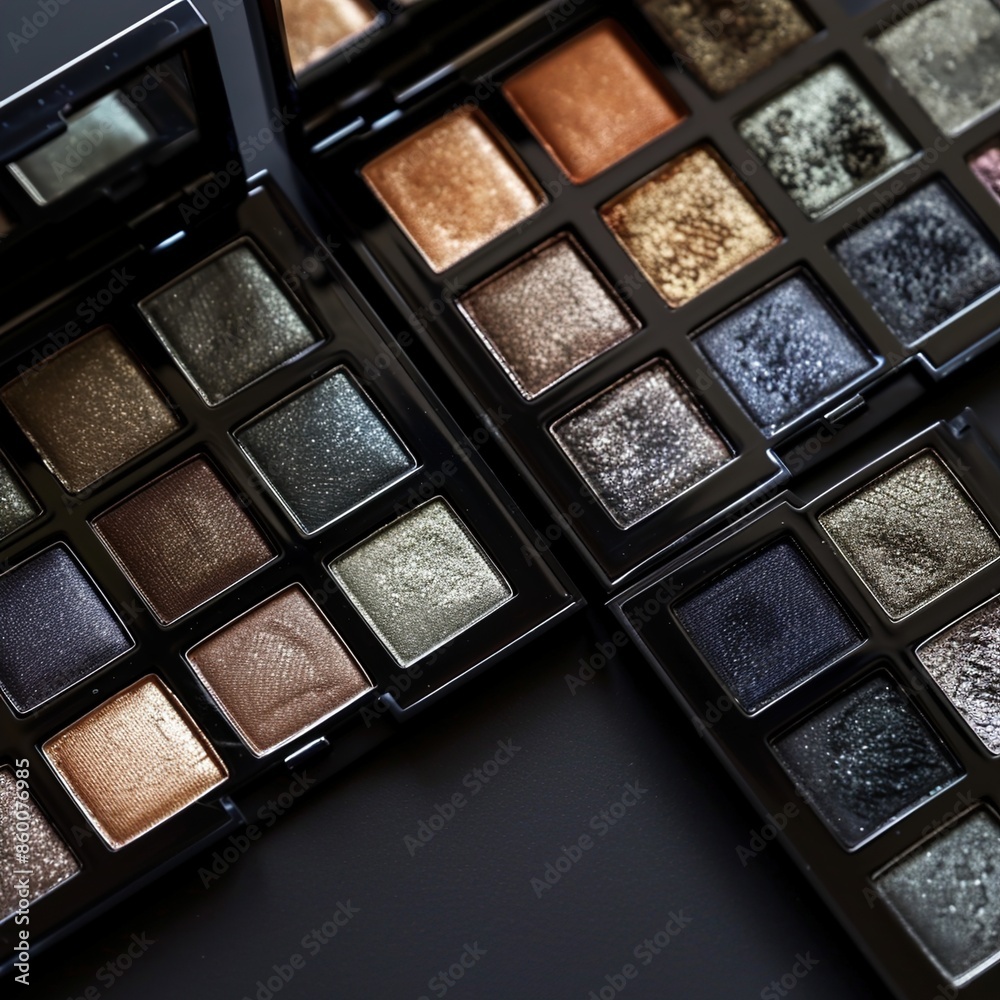 A stylish composition of metallic eyeshadow palettes in various shades ...