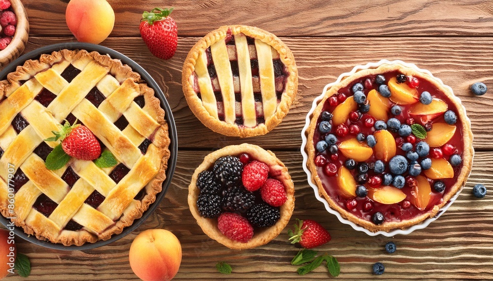 baking scene with a variety of homemade fruit pies top view over a wood ...