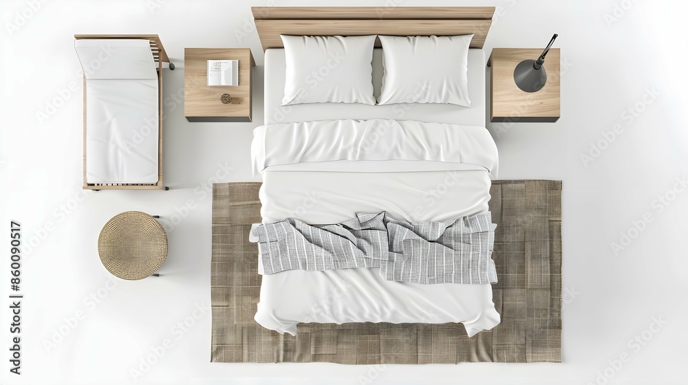 Top view modern bed comfortable furnitures set on white backgrounds 3d ...