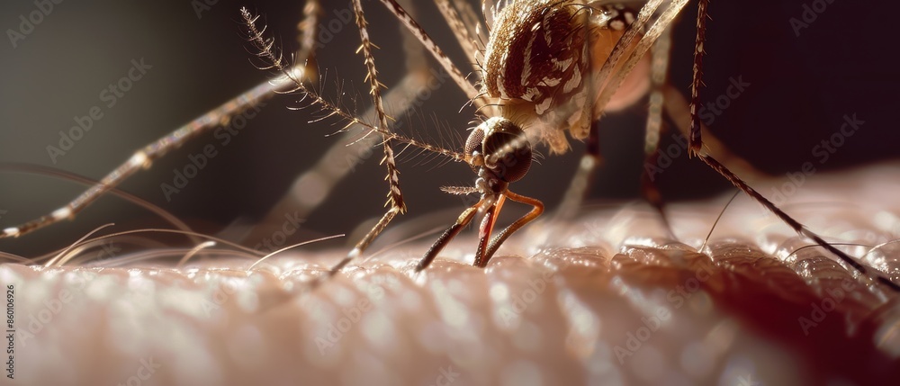 Close-up of a mosquito biting human skin, highlighting the details of ...