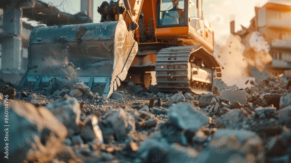 Heavy machinery demolishing a building, surrounded by rubble and debris ...