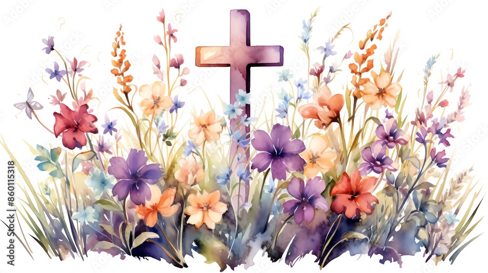 Vintage cross with wildflowers, flat design, top view, garden theme ...