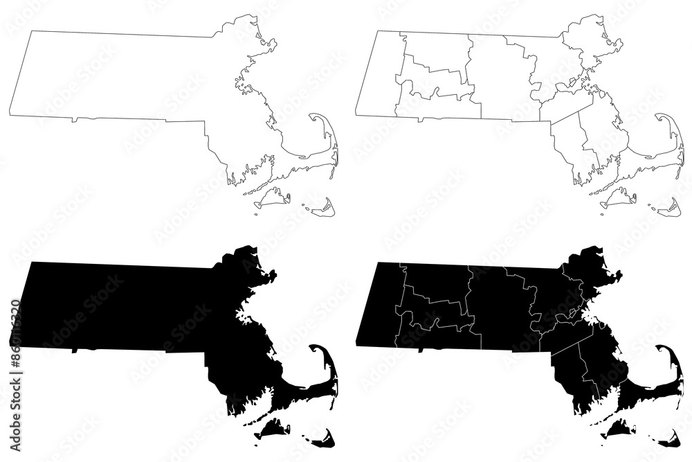 Massachusetts administrative map, Massachusetts outline and counties ...
