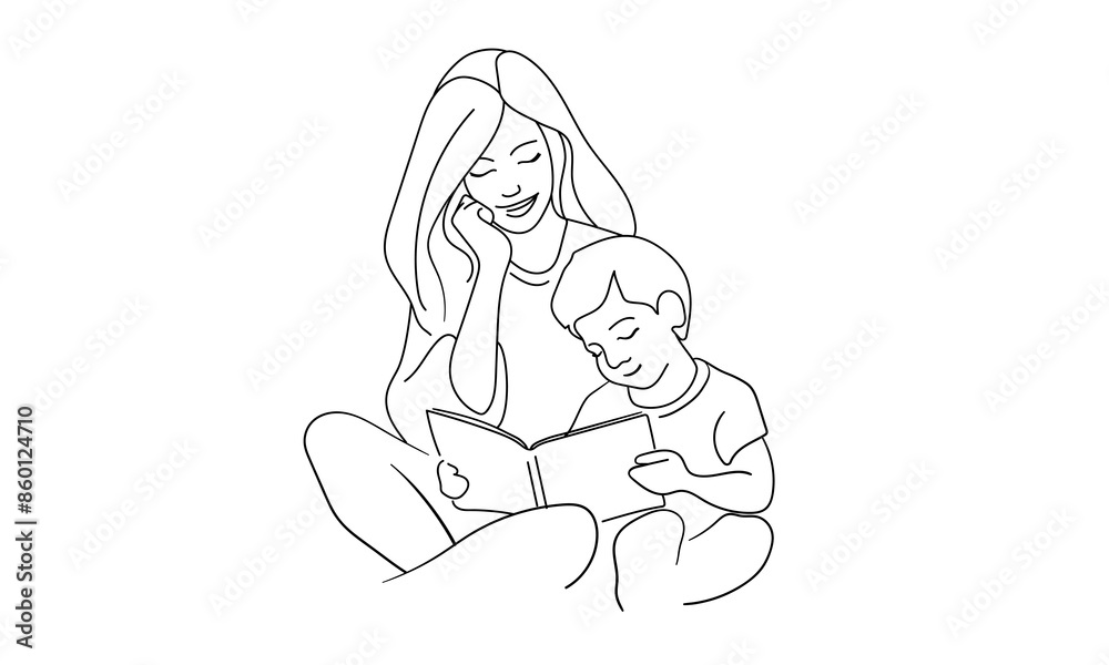 Mother and son reading a book continuous line art drawing isolated on ...