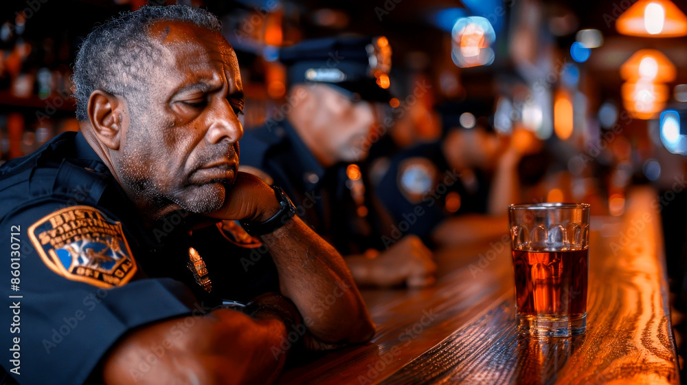 Sad police officer drinking in a bar, his partner was shot Stock Photo ...