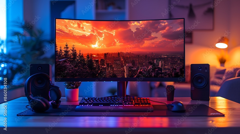 A realistic photo of a professional gaming station featuring a powerful ...