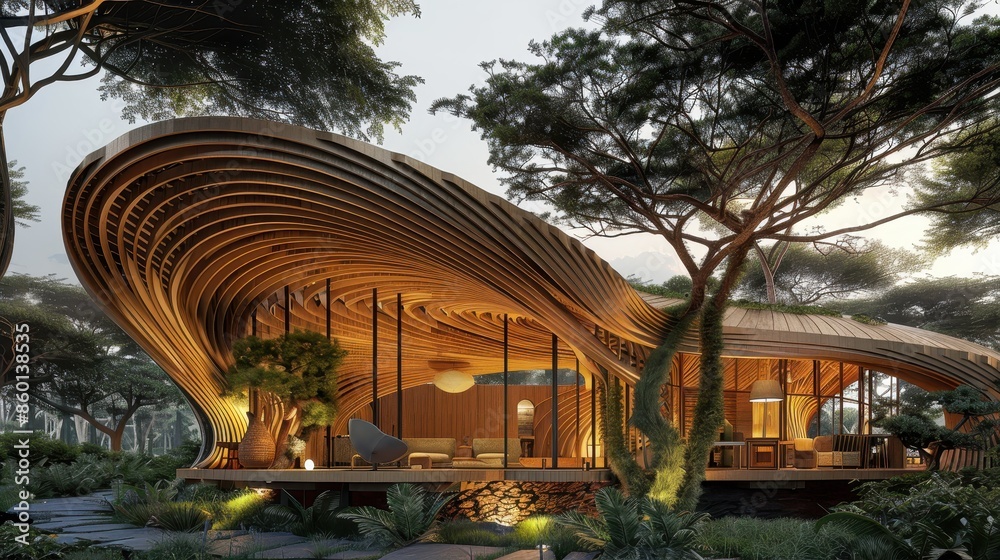 Modern architectural structure with a wavy, wooden facade, large glass ...