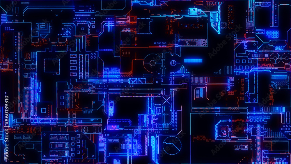 Printed circuit board. Visualization of advanced technology concept: PCB processor microchip ...