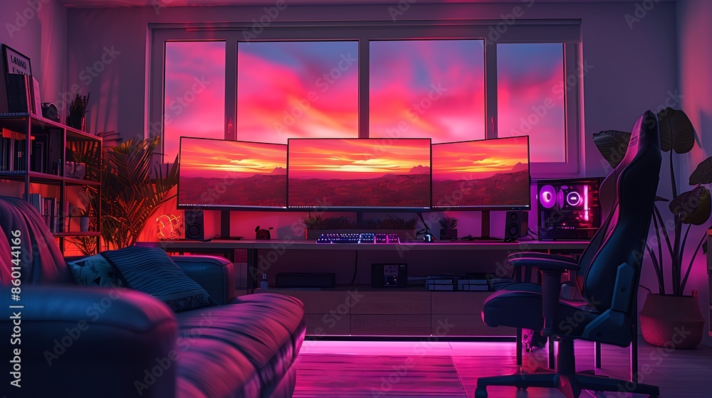 A realistic photo of an expansive gaming setup with neon pink and ...