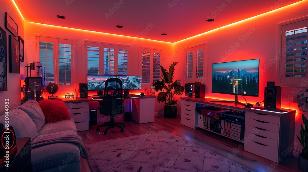 A realistic photo of an RGB gaming paradise featuring a custom-built ...