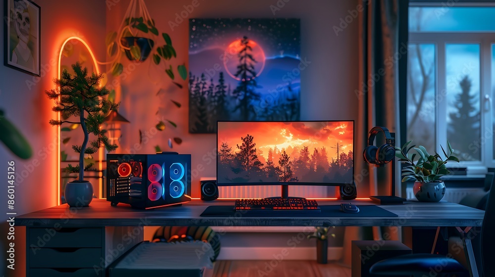 A realistic photo of an RGB gaming paradise featuring a sleek gaming ...