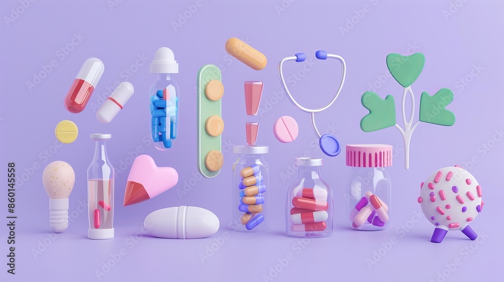 Cartoon medical themes separated on a pale purple background in a three ...