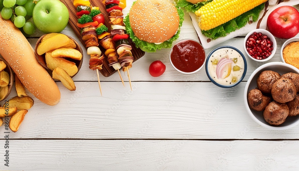summer bbq food corner border hamburgers meat skewers potatoes fruit ...